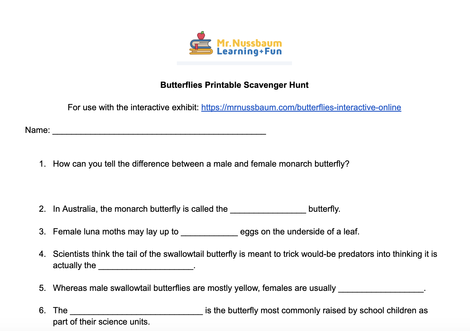 Butterflies Printable Scavenger Hunt