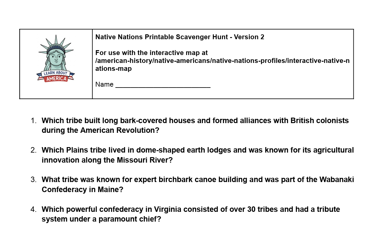Native Americans Nations Interactive Map Scavenger Hunt - Version 2